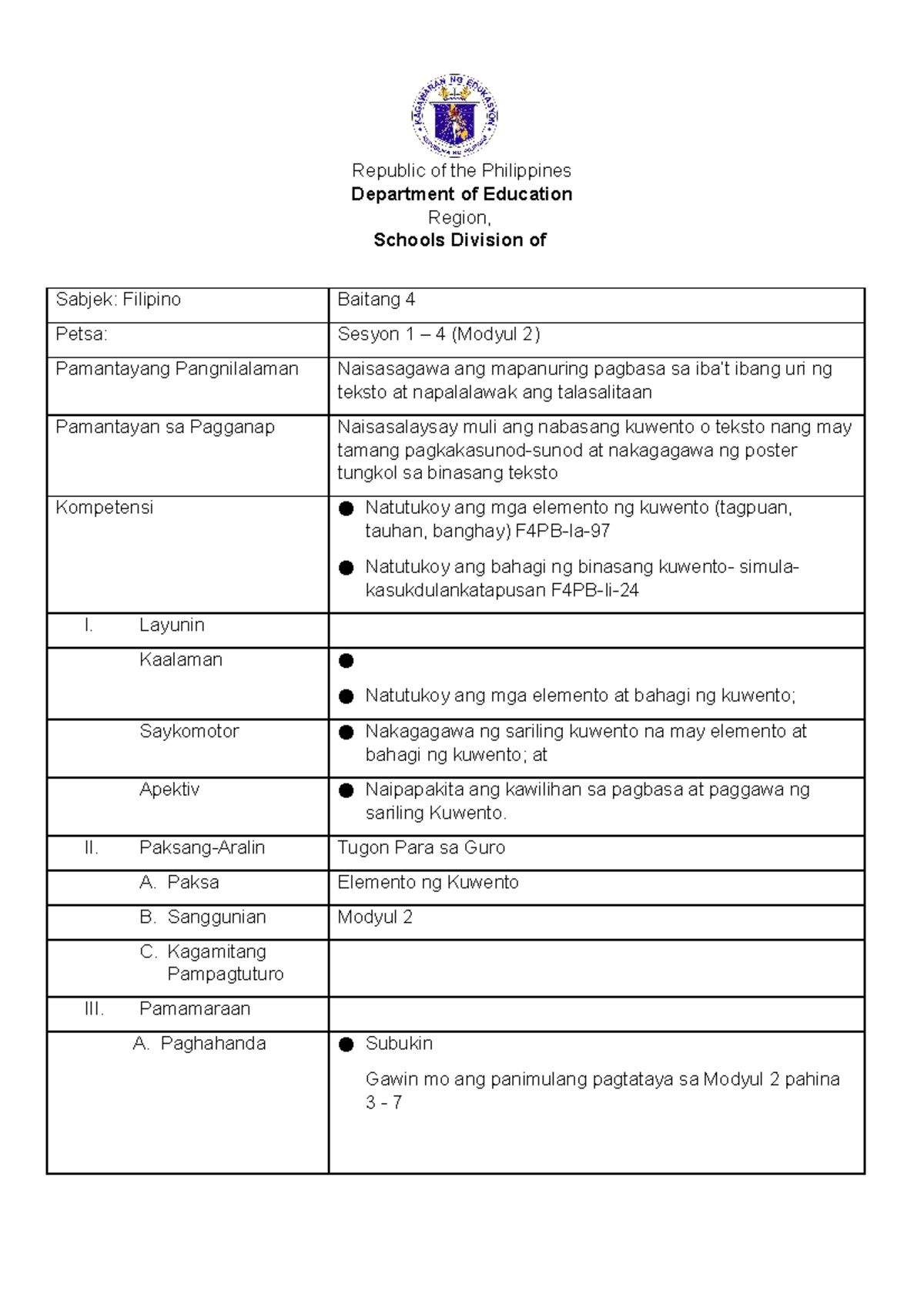 Grade 4 - Lesson PLAN Week 10 - Republic of the Philippines Department ...