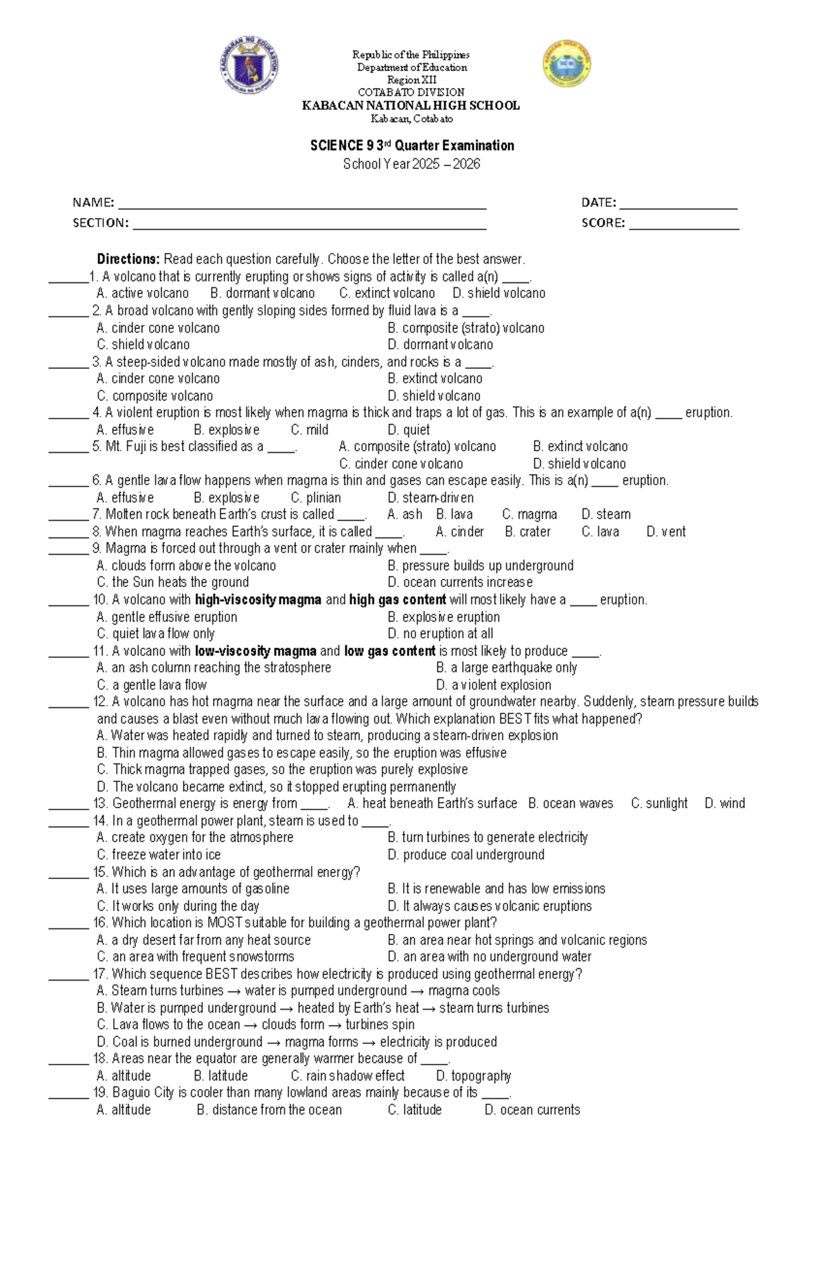 Grade 9 Science 9 3rd Quarter Exam Questions and Answers - Studocu