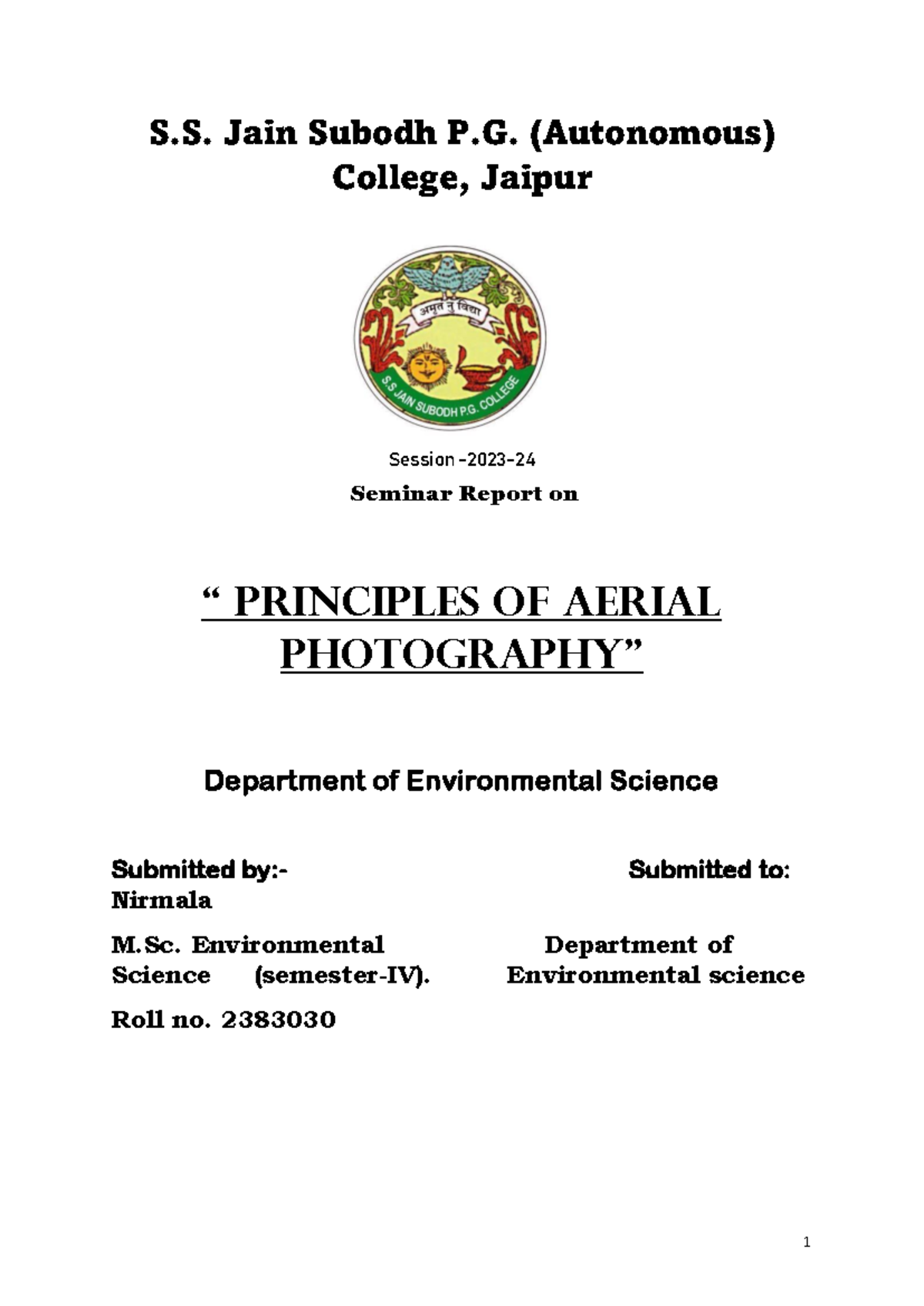 Seminar Report on Principles of Aerial Photography (EVS 2023-24) - Studocu