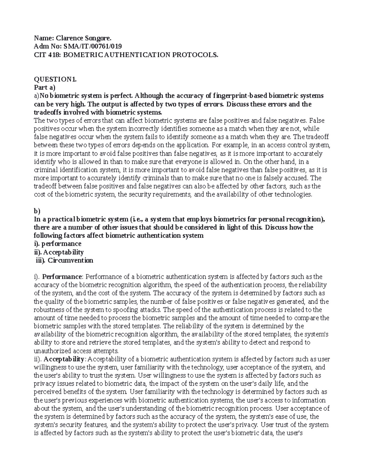 CIT 418: Biometric Authentication Protocols - Errors & System Analysis ...