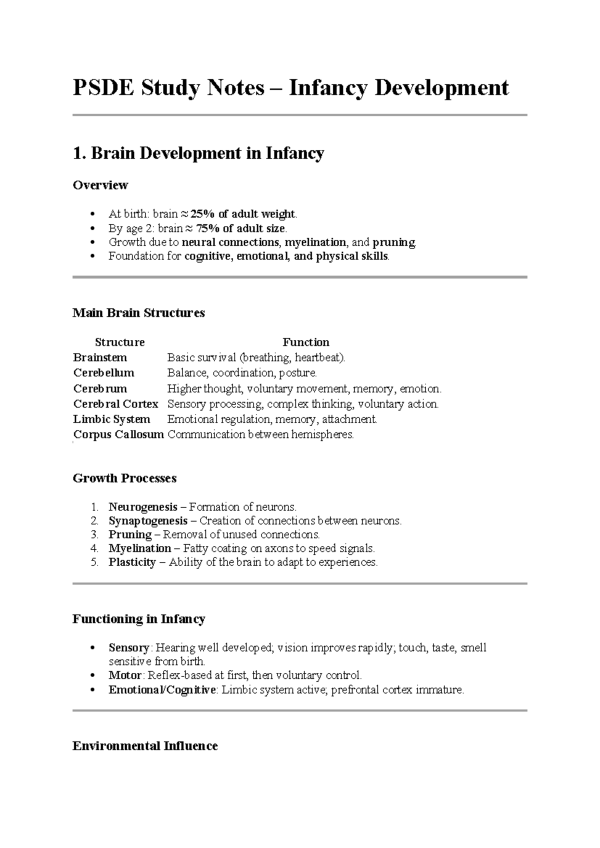 PSDE Study Notes - Infancy Development Overview and Key Concepts - Studocu