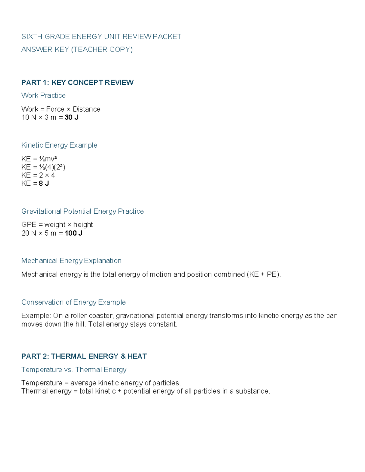 SIXTH GRADE ENERGY UNIT REVIEW PACKET ANSWER KEY - Studocu