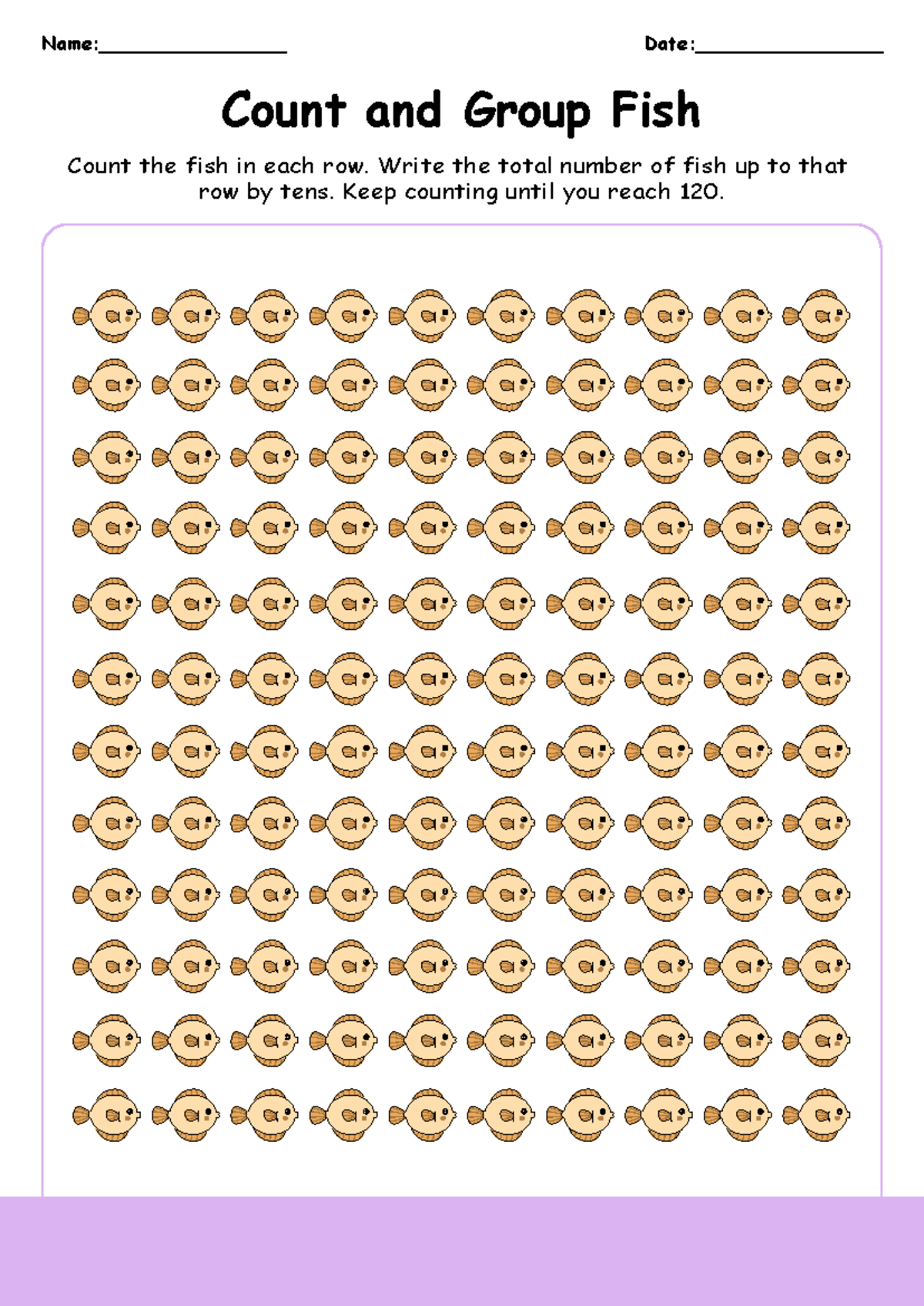 Counting Fish by Tens - 1st Grade Worksheet - Count the fish in each ...