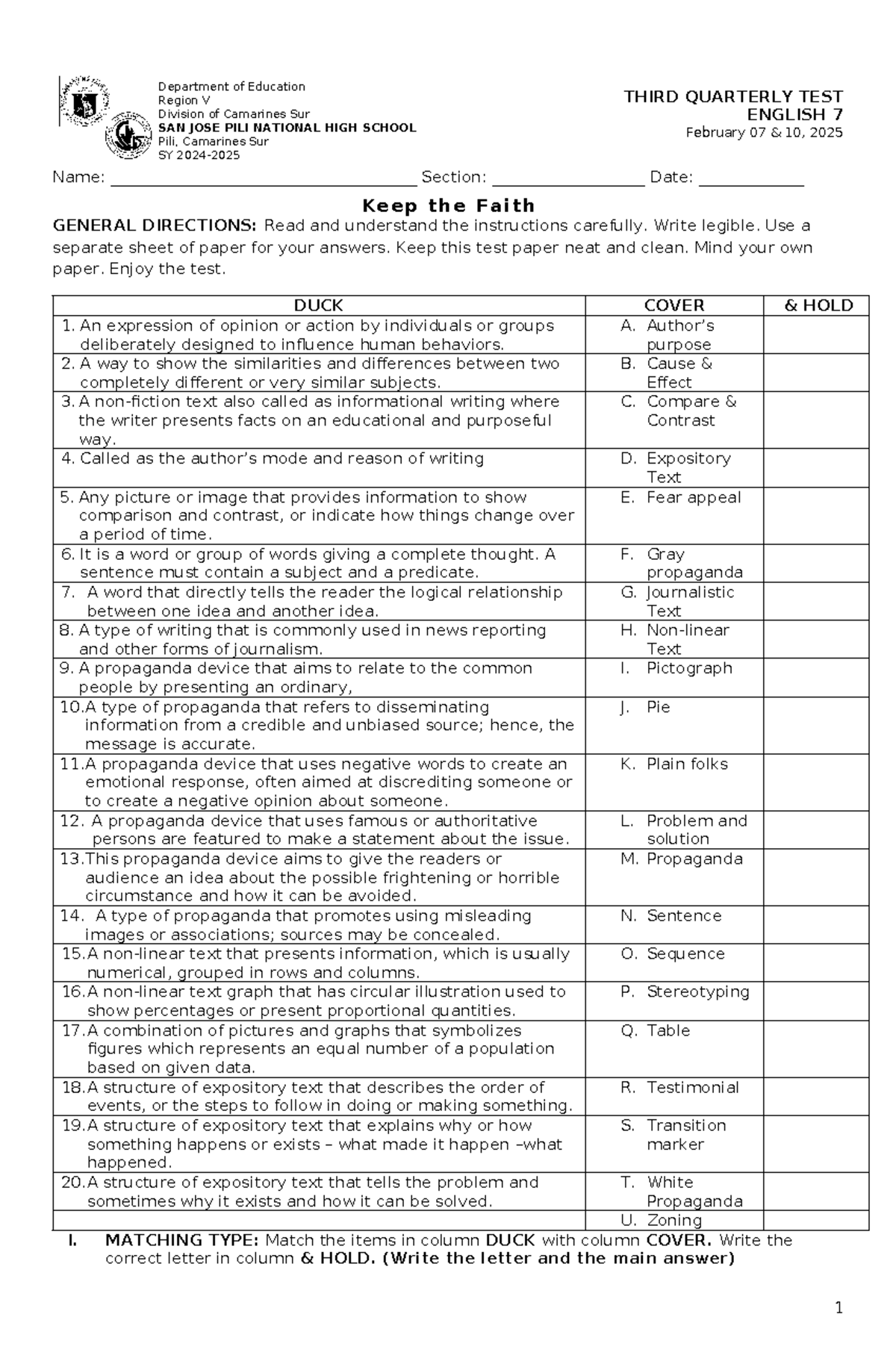 TQ-3rd QT - English 7 Test: Understanding Text Structures & Propaganda ...