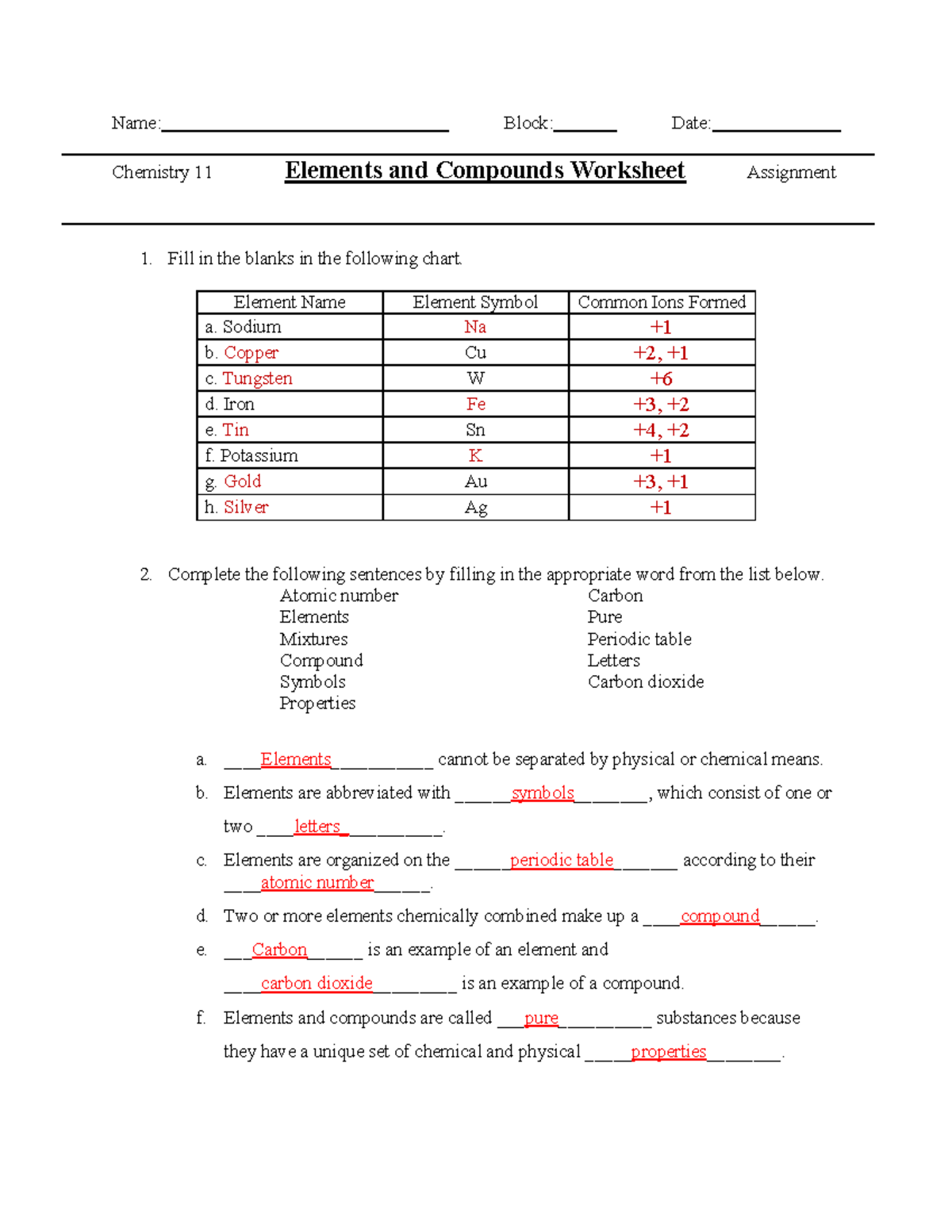 Chemistry 11: Elements and Compounds Worksheet Assignment 1 Key - Studocu