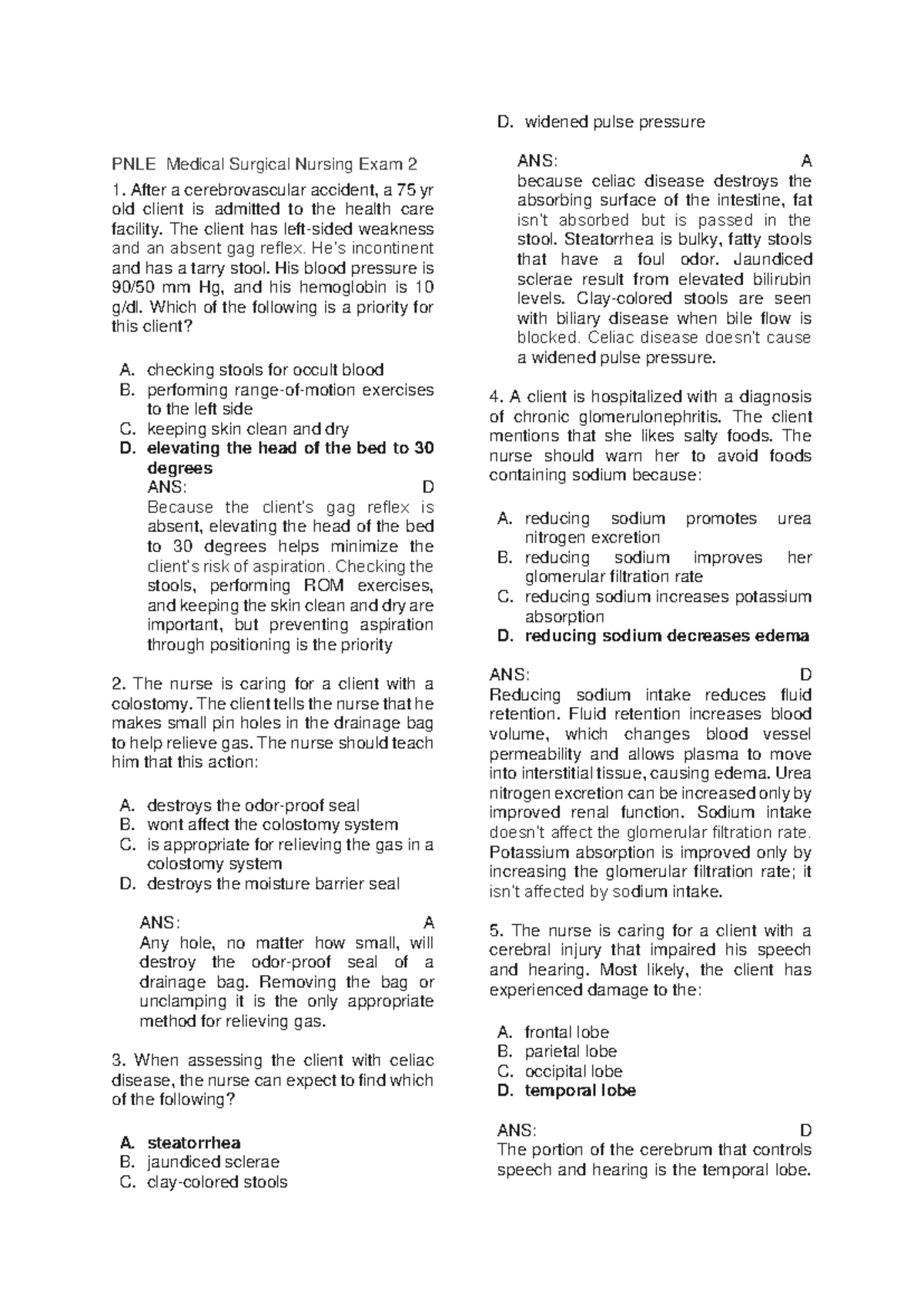 PNLE Medical Surgical Nursing Exam 2: Comprehensive Q&A Review - Studocu