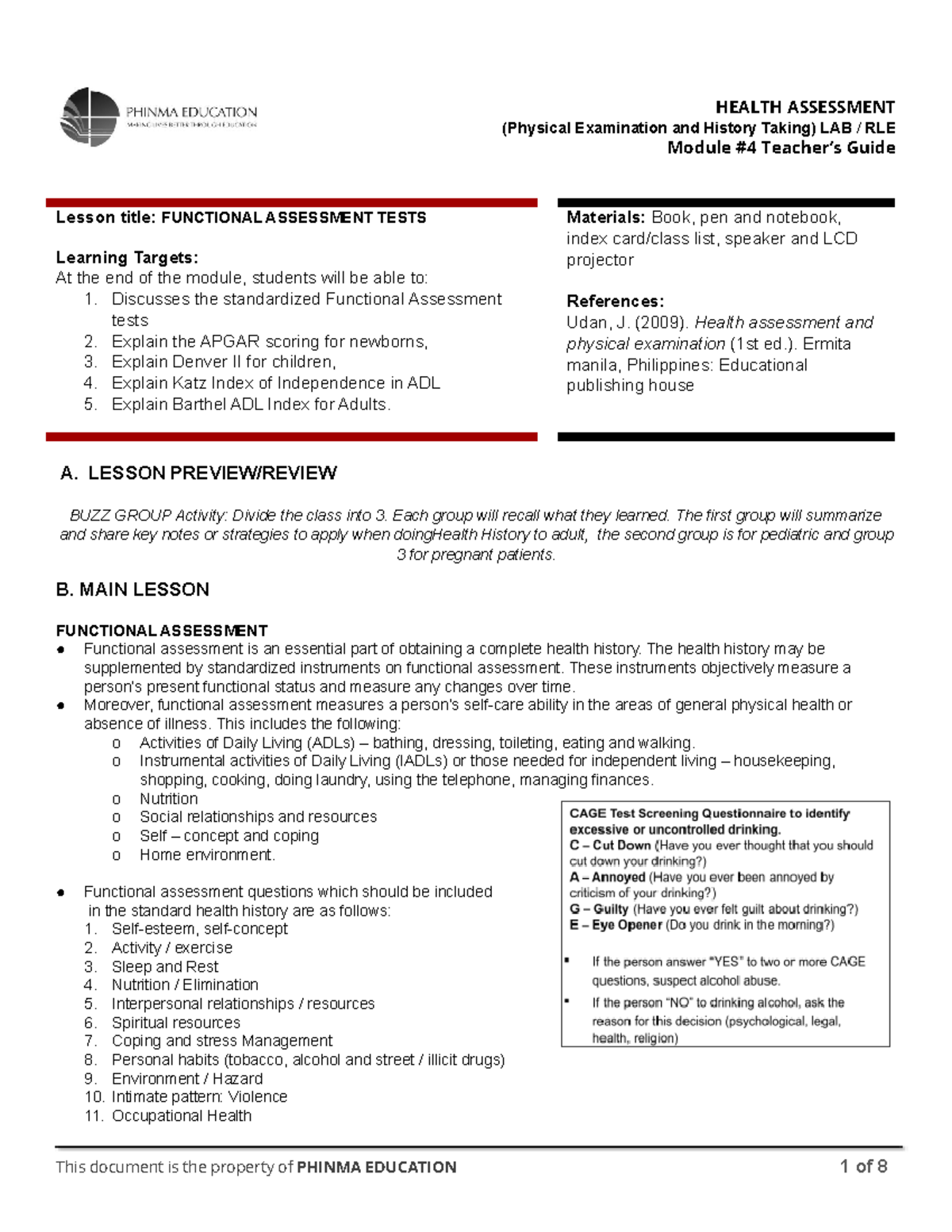Health Assessment LAB/RLE Module 4 Teacher's Guide: Functional Tests ...