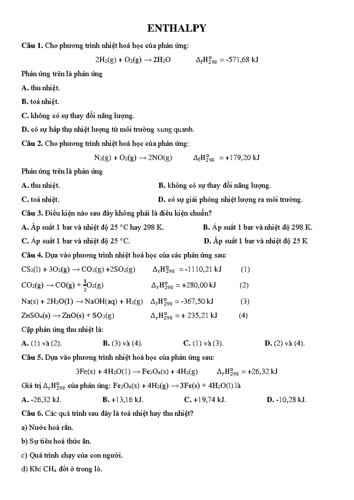 Enthalpy: Key Concepts and Examples for Thermodynamics Exam - Studocu
