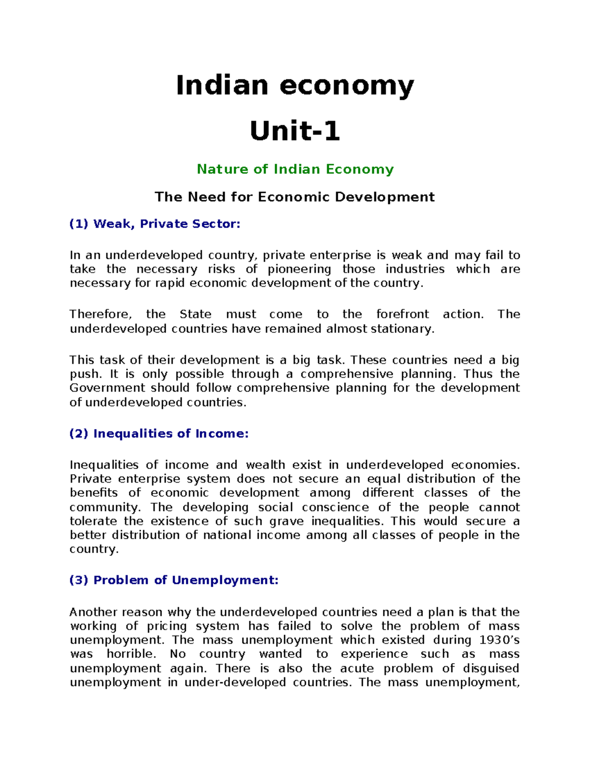 Indian Economy Notes: Key Concepts for B.Com 4th Sem - Studocu
