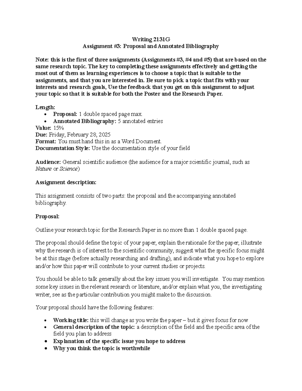 Writing 2131G Assignment #3: Proposal & Annotated Bibliography - Studocu