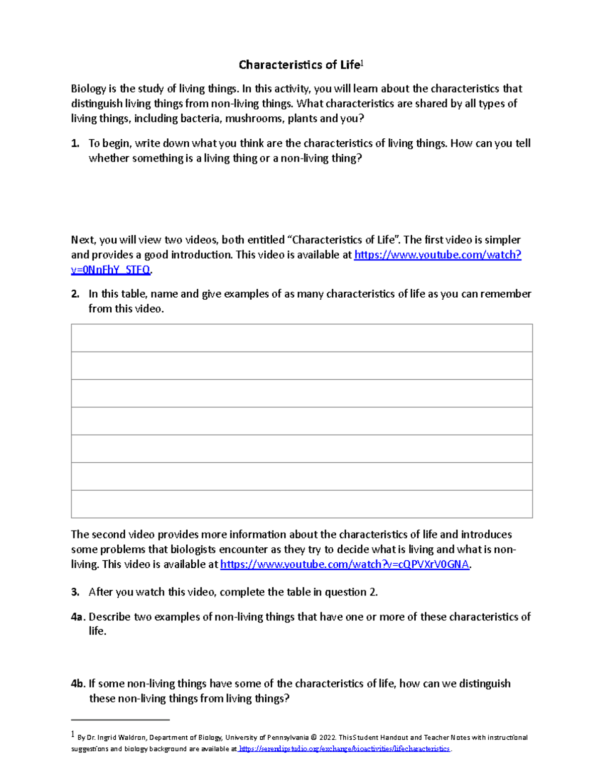 Characteristics of Life: Biology 101 Overview and Activities - Studocu