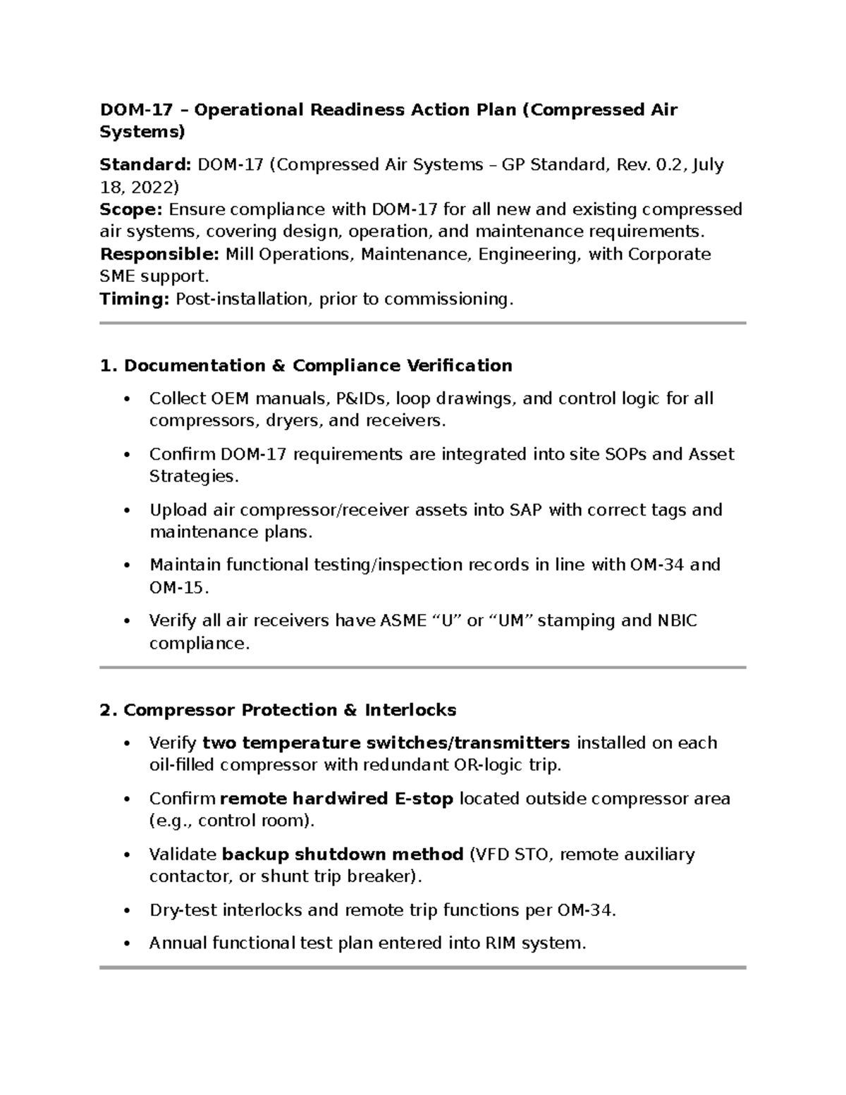 Operational Readiness Action Plan for Compressed Air Systems (DOM-17 ...