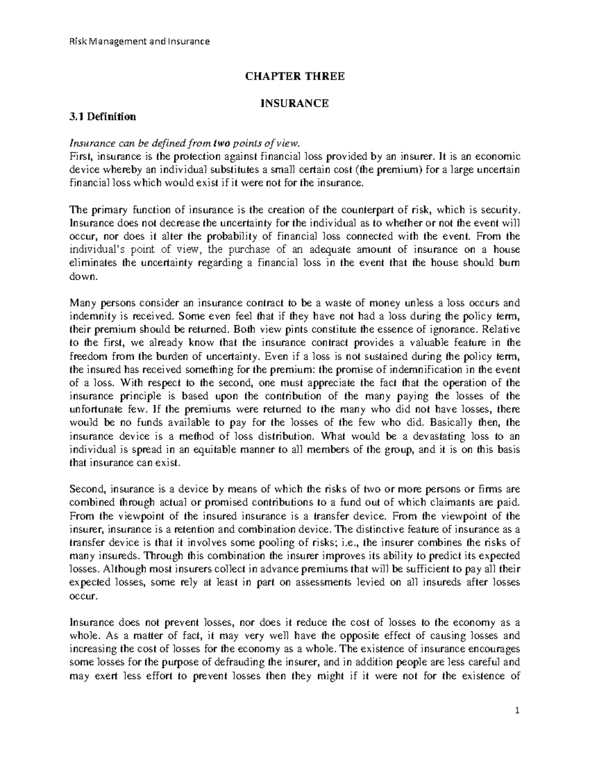 Risk Management Chapter 3: Understanding Insurance Principles - Studocu