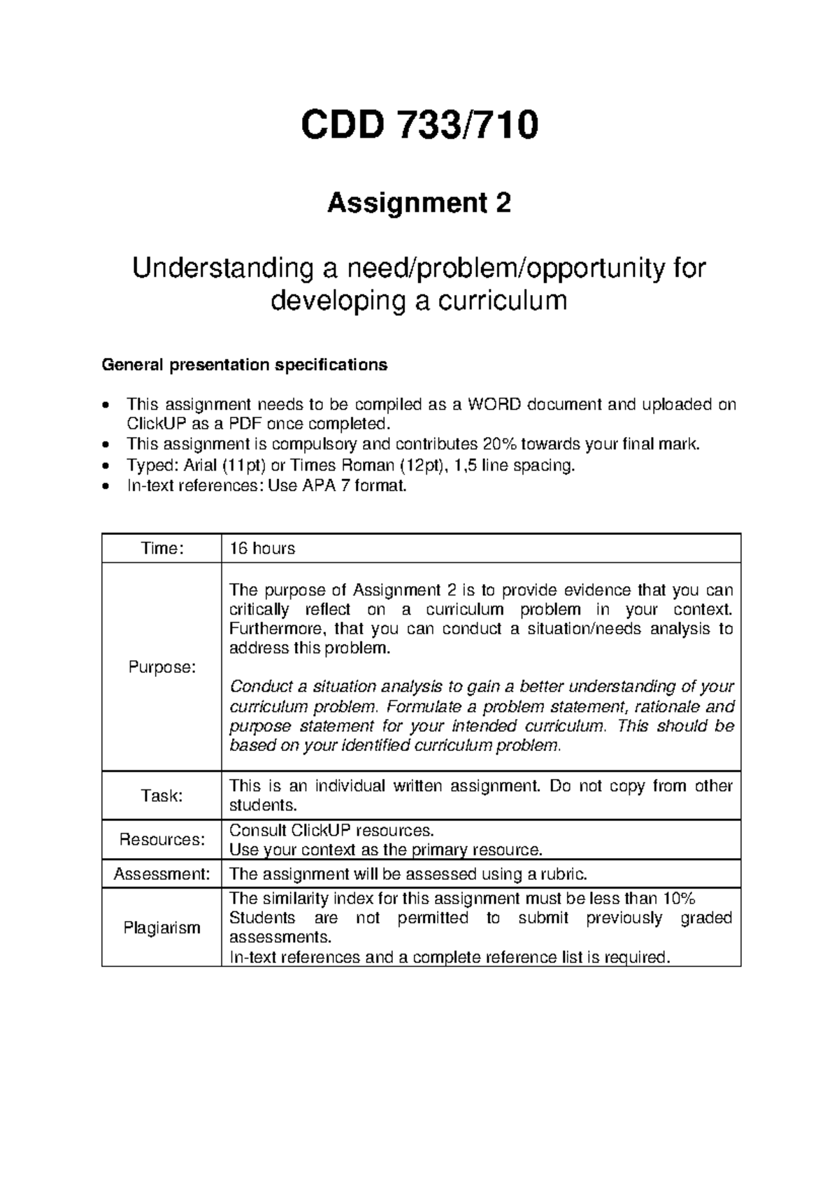 Curriculum Development Assignment 2: Needs Analysis for SDG Integration - Studocu