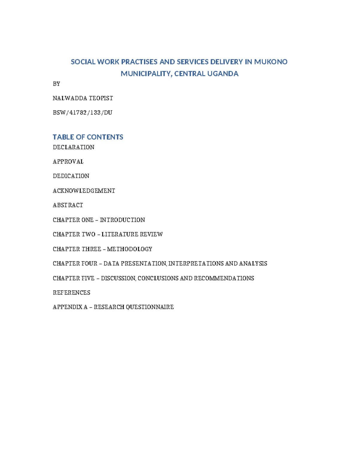 SOCIAL WORK PRACTICES & SERVICE DELIVERY IN MUKONO MUNICIPALITY - Studocu