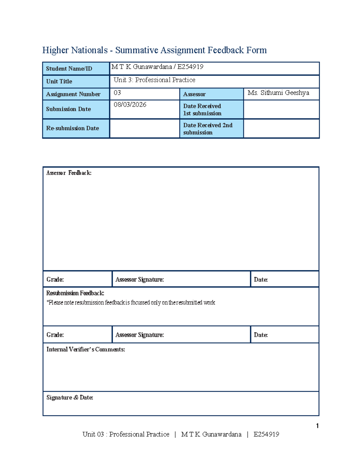 Unit 03: Professional Practice Assignment Report - E254919 - Studocu