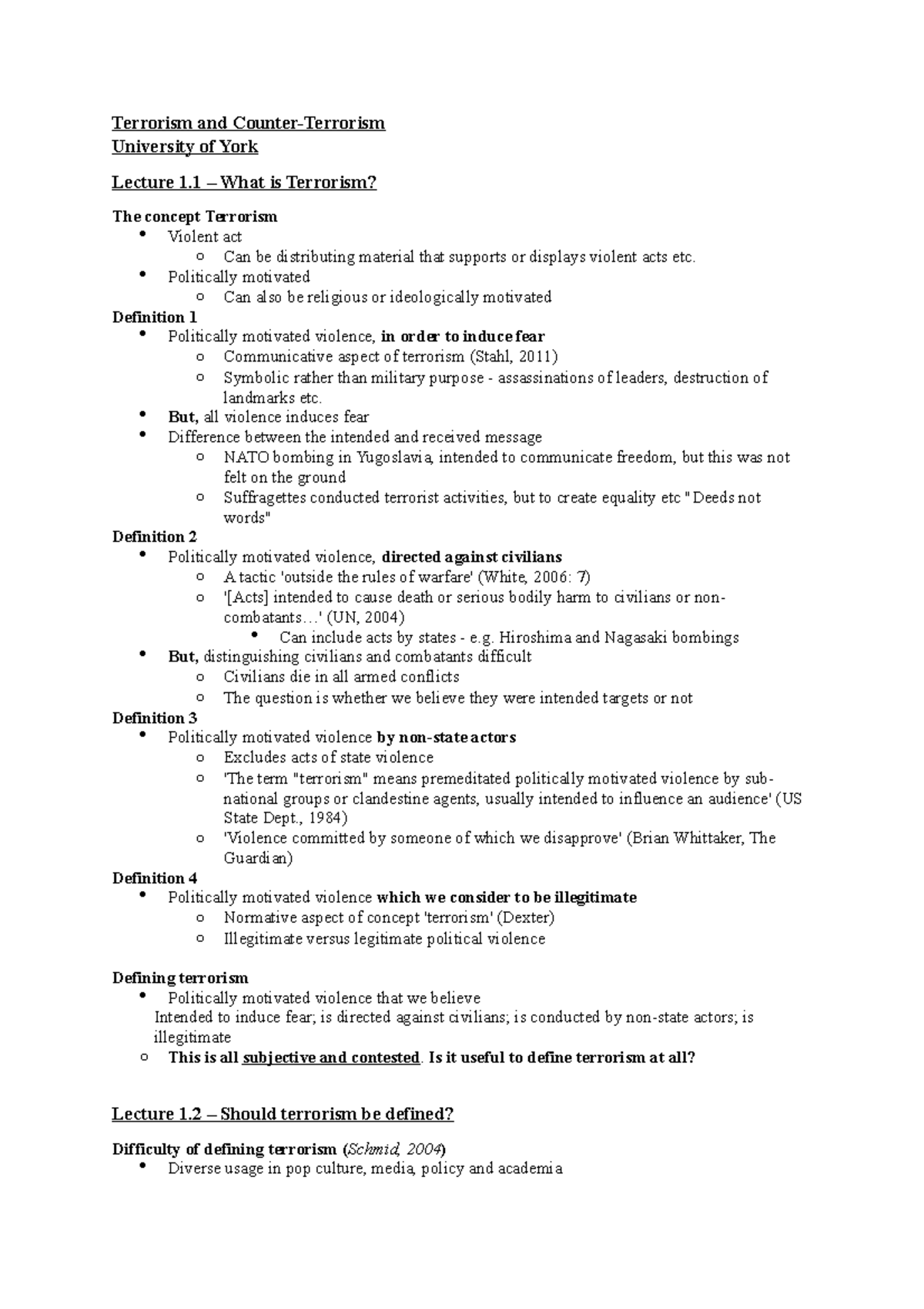 Terrorism and Counter-Terrorism - Lecture Notes for Course YU-204 - Studocu