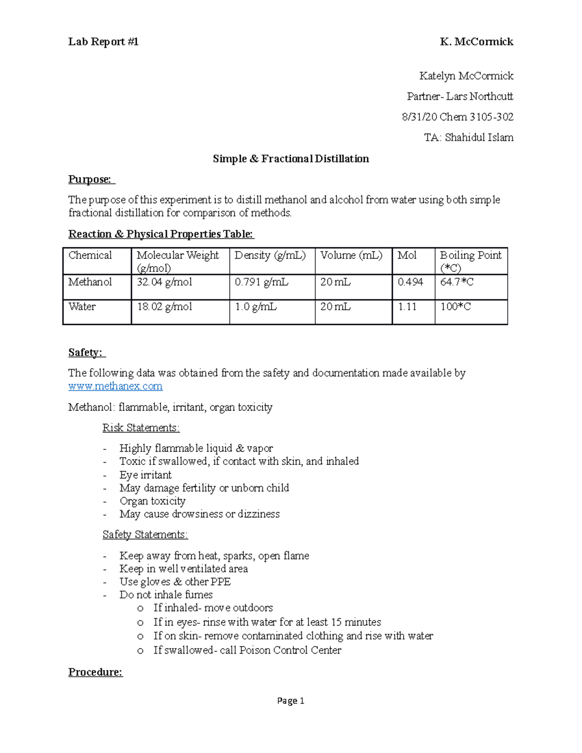 Chem 3105 Final Lab Report: Simple vs. Fractional Distillation - Studocu