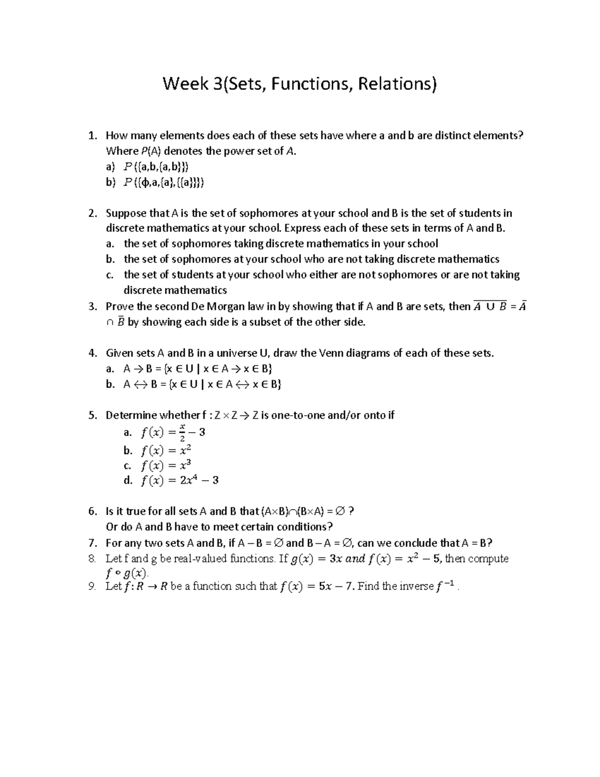 Week 3 (Sets, Functions, Relations) - Key Concepts and Solutions - Studocu