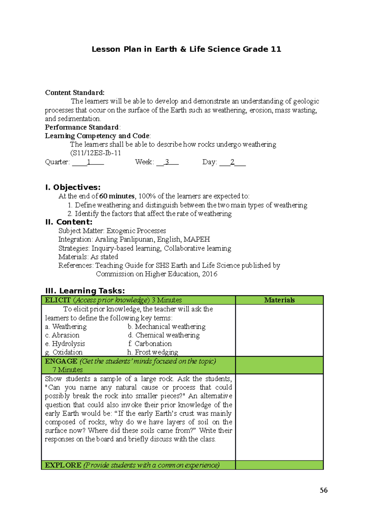 LC 11 - Lesson Plan on Weathering in Earth & Life Science Grade 11 ...