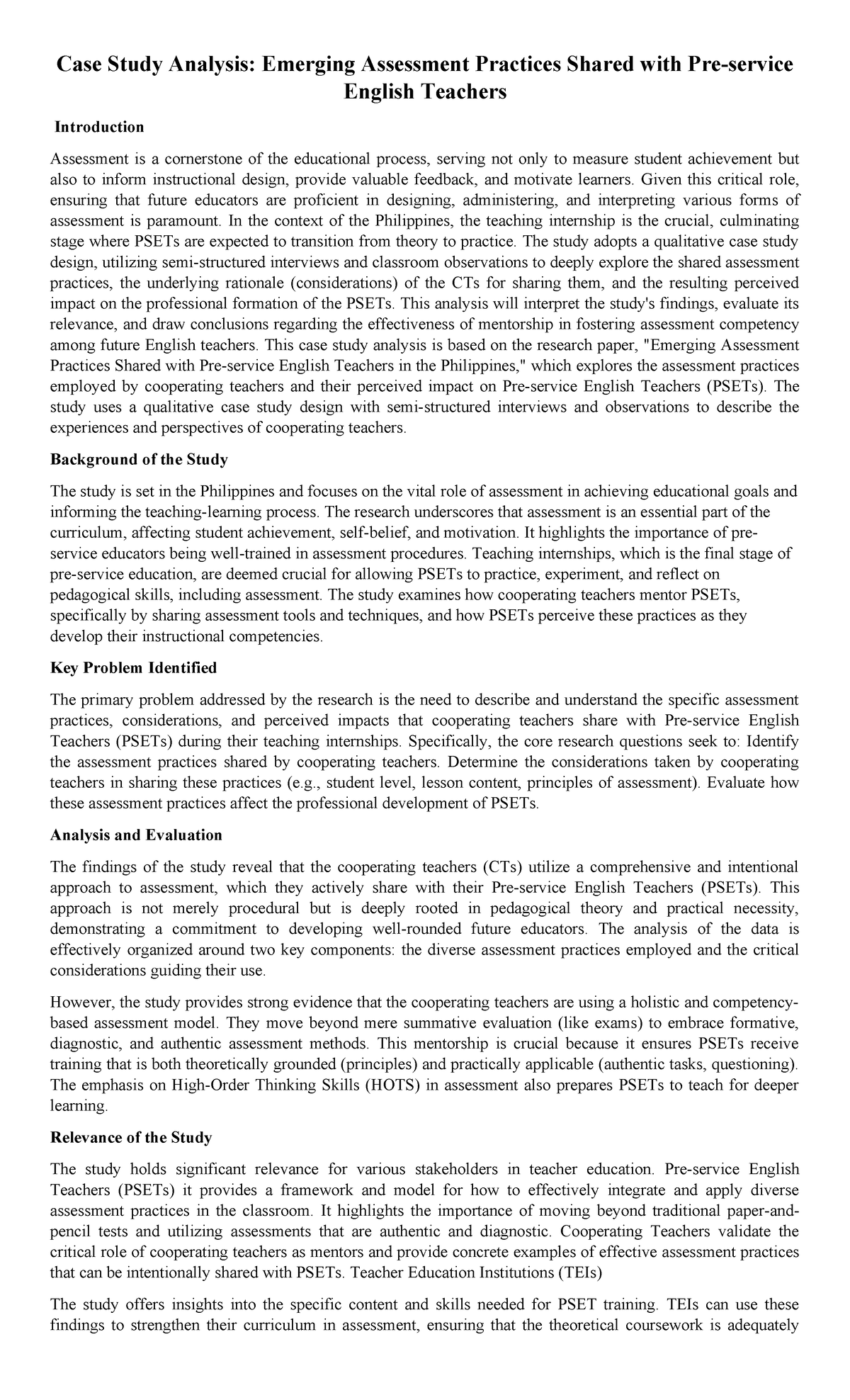 CASE Study Analysis: Assessment Practices for English Teachers - Studocu