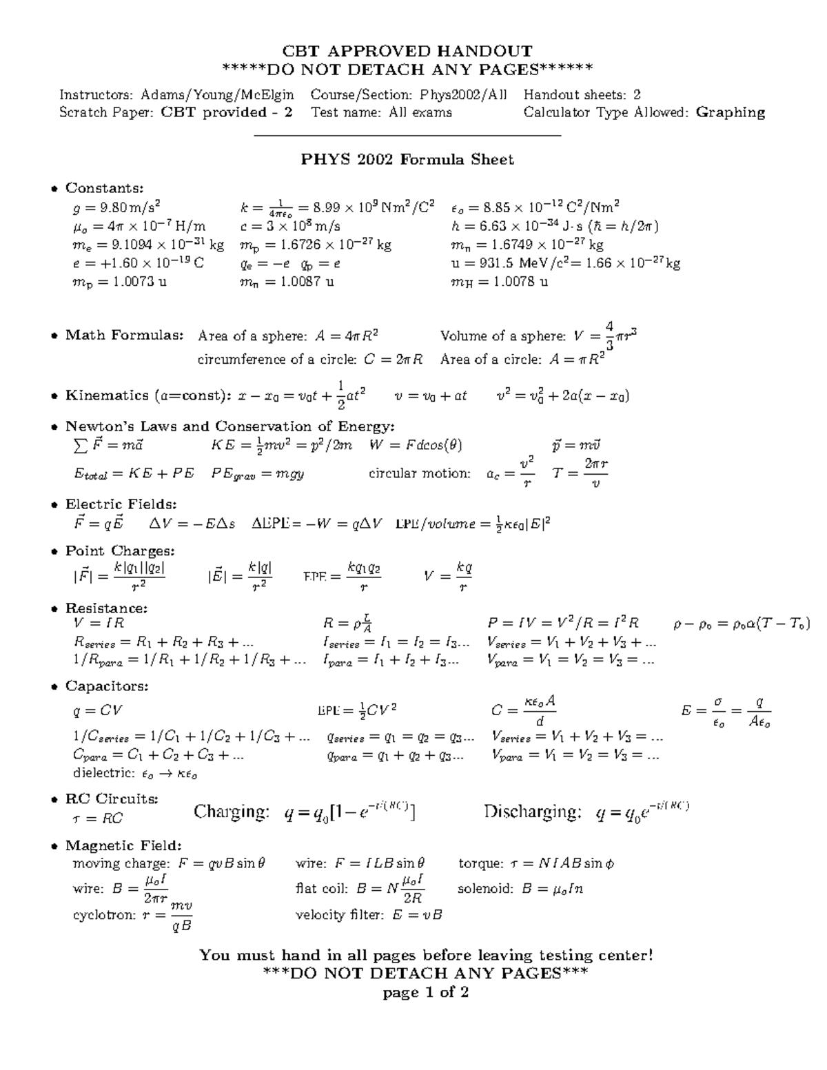 PHYS2002 Comprehensive Formula Sheet for Exams and Tests - Studocu