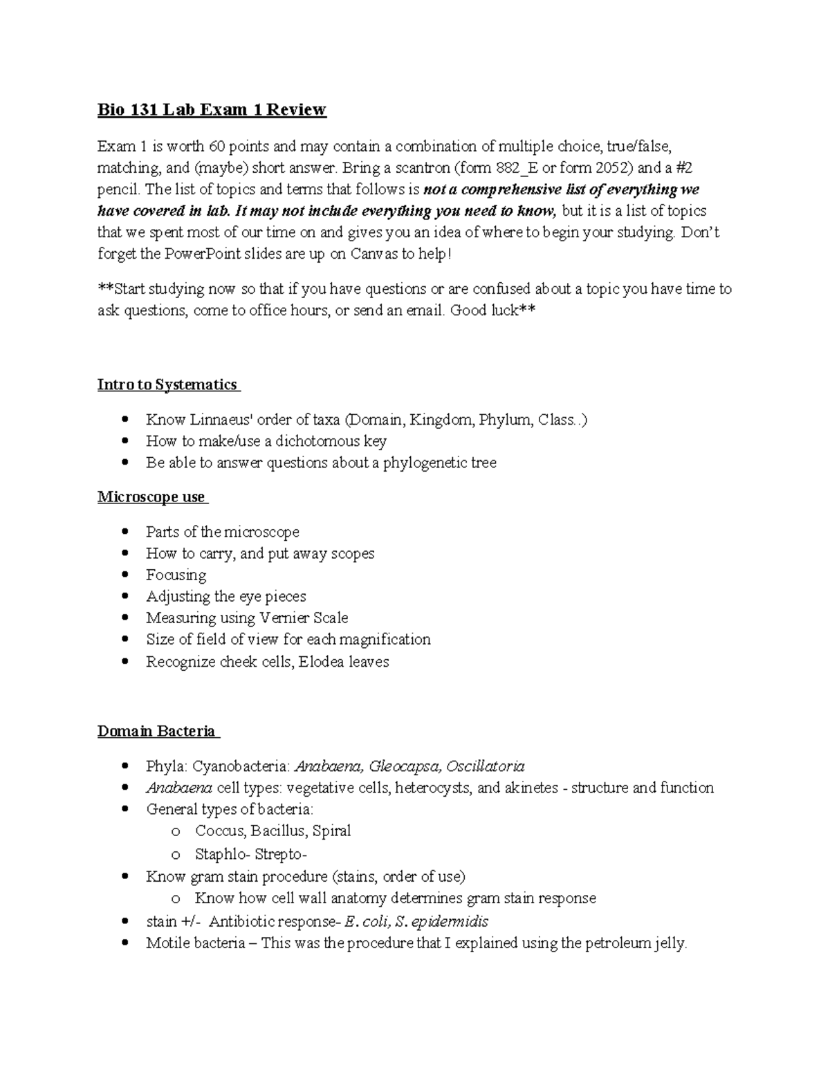 Bio 131 Lab Exam 1 Review: Key Topics & Study Guide - Studocu