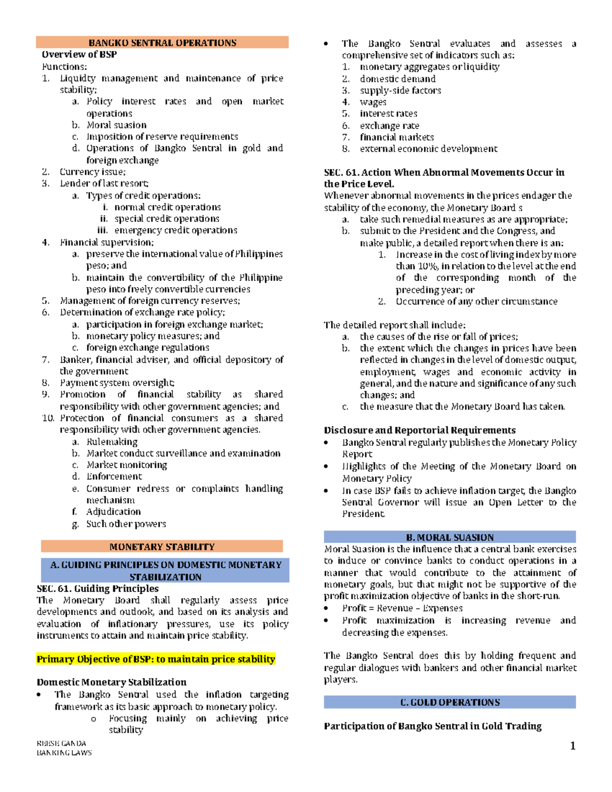 BSP Banking Law Prelims: Key Points and Important Notes - Studocu
