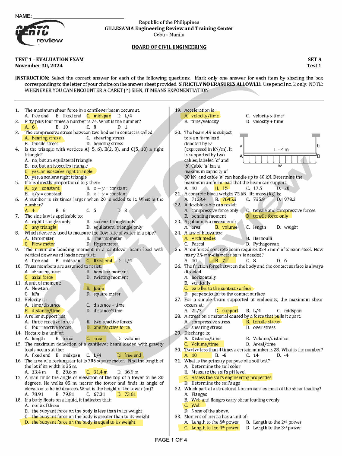 GERTC CE Midterm Review: Civil Engineering Test 1 Set A - Studocu