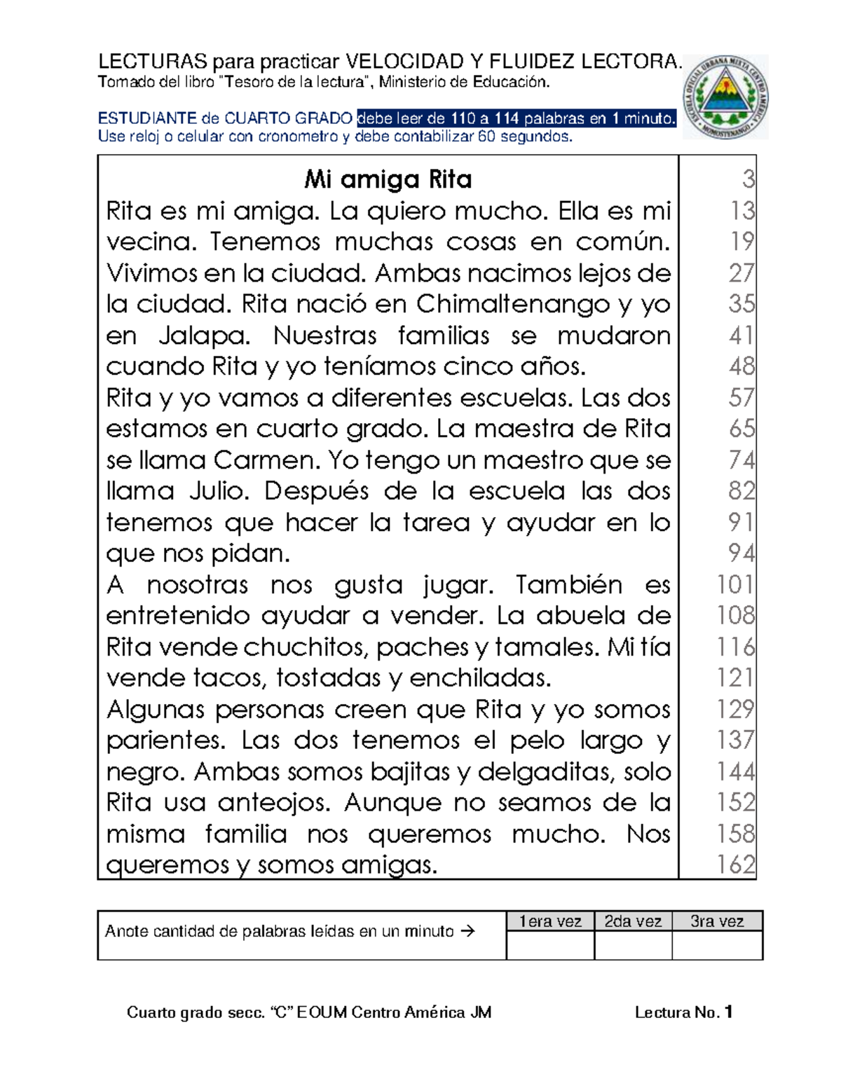 LECTURAS para Practicar Velocidad y Fluidez Lectora - 4to Grado - Studocu