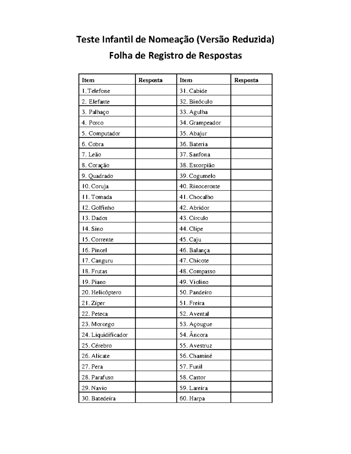 Teste Infantil de Nomeação - Folha de Registro de Respostas TIN - Studocu