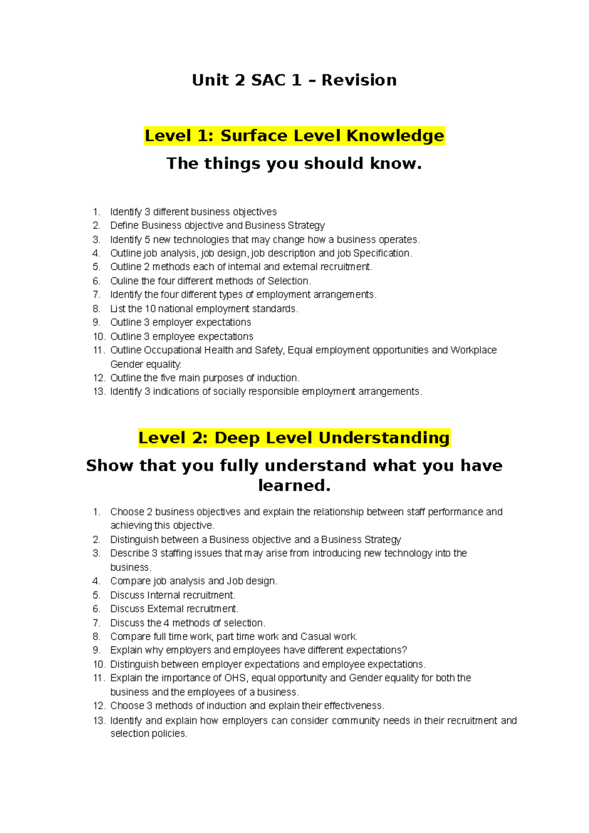 Unit 2 SAC 1 Revision - Business Staffing Strategies Overview - Studocu