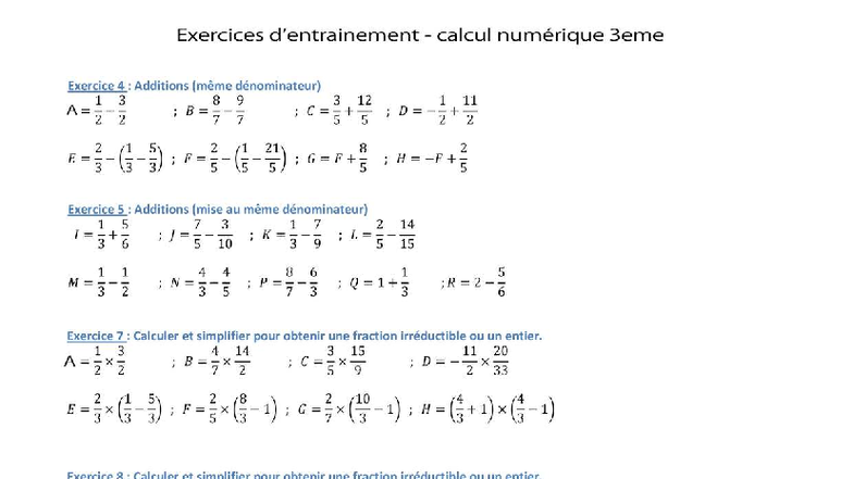 Exercices de Calcul Numérique 3eme - Chapitre et Exos - Studocu