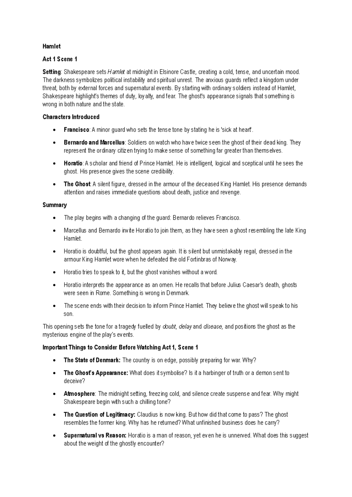 Hamlet Act 1 Summary: Setting, Characters, and Themes Analysis - Studocu