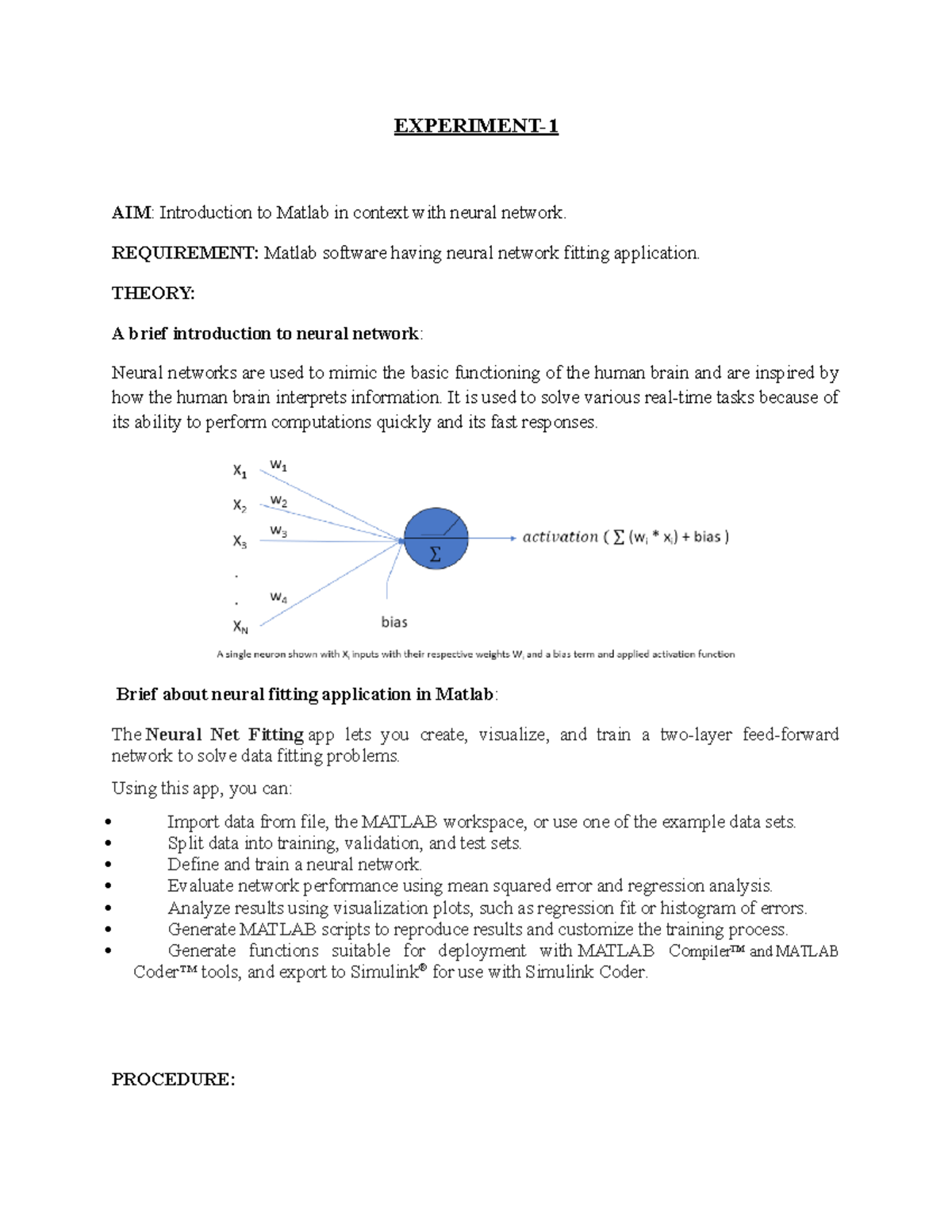 Matlab Neural Network Fitting (NN EXP 1) - Experiment Overview - Studocu