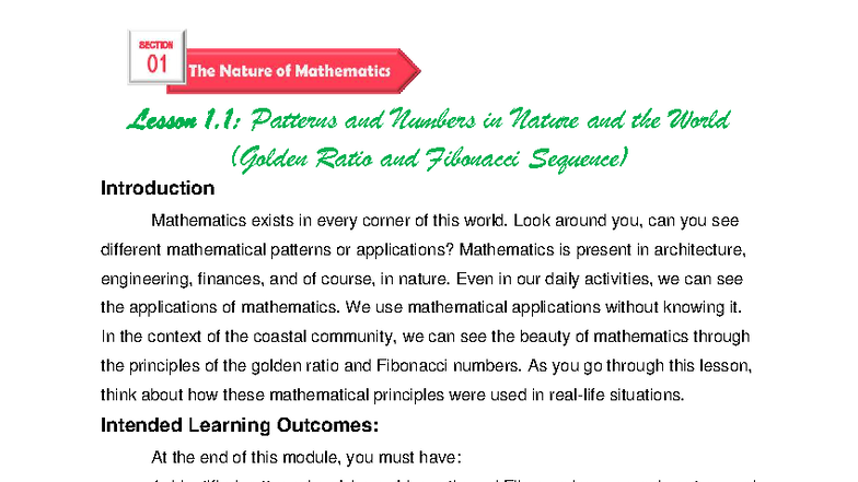 Lesson 1.1: Exploring Patterns in Nature - Golden Ratio & Fibonacci ...