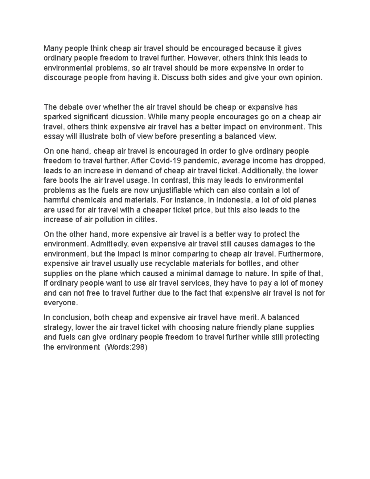 ENG 101 Essay: The Debate on Cheap vs. Expensive Air Travel - Studocu