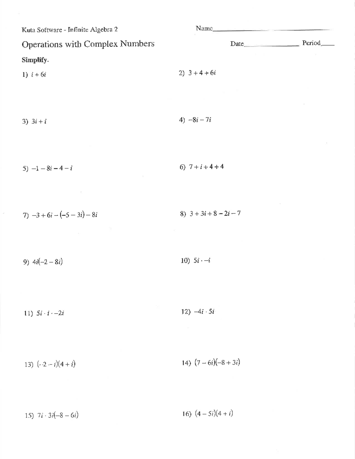Kuta Software - Infinite Algebra 2: Complex Numbers Practice Exercises ...