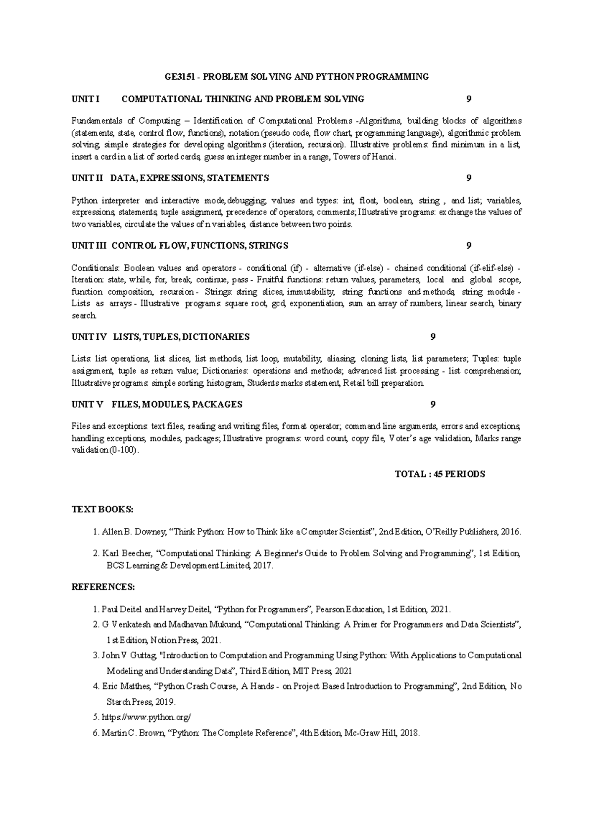 PROBLEM SOLVING AND PYTHON PROGRAMMING syllabus - GE3151 - PROBLEM SOLVING AND PYTHON ...