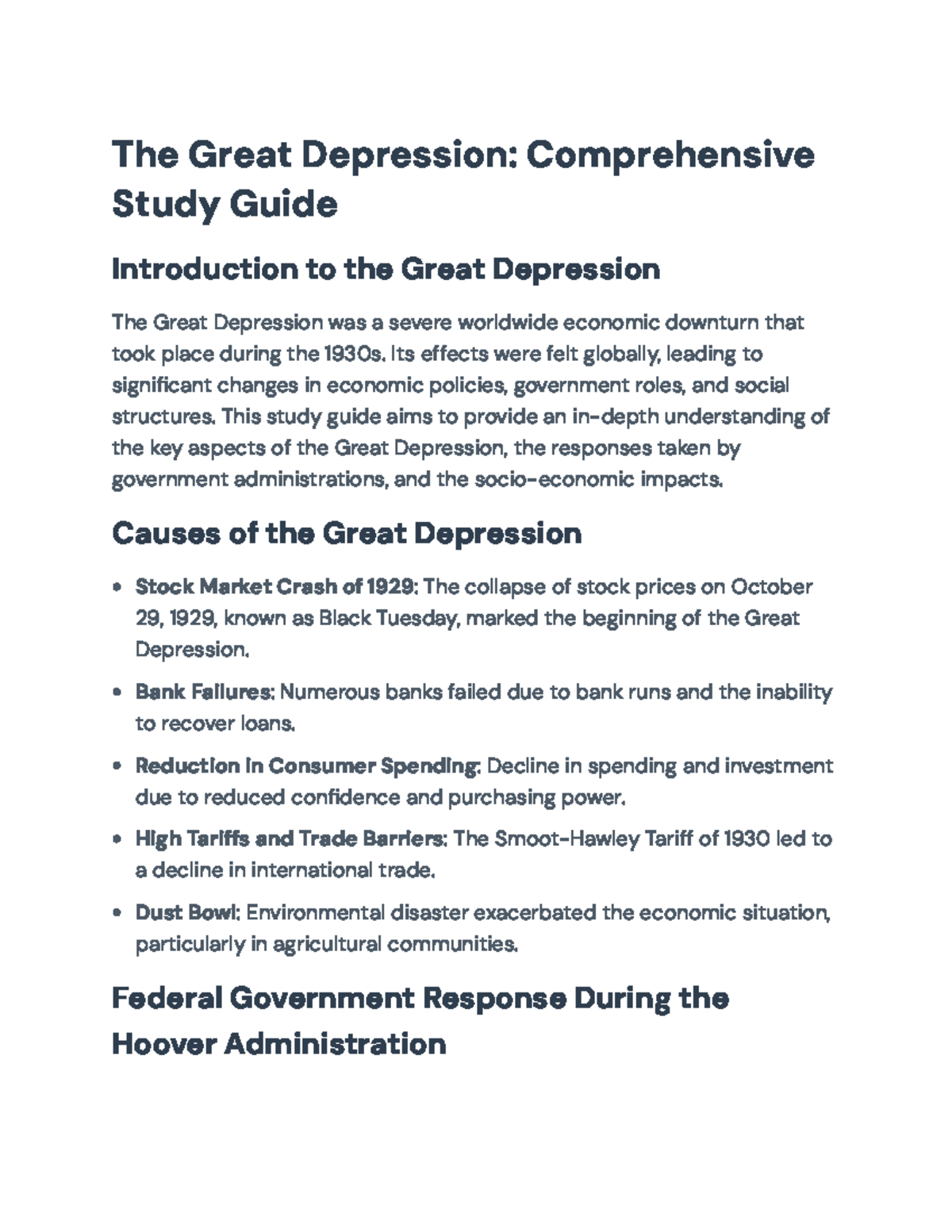 The Great Depression: A Comprehensive Study Guide on Causes and ...