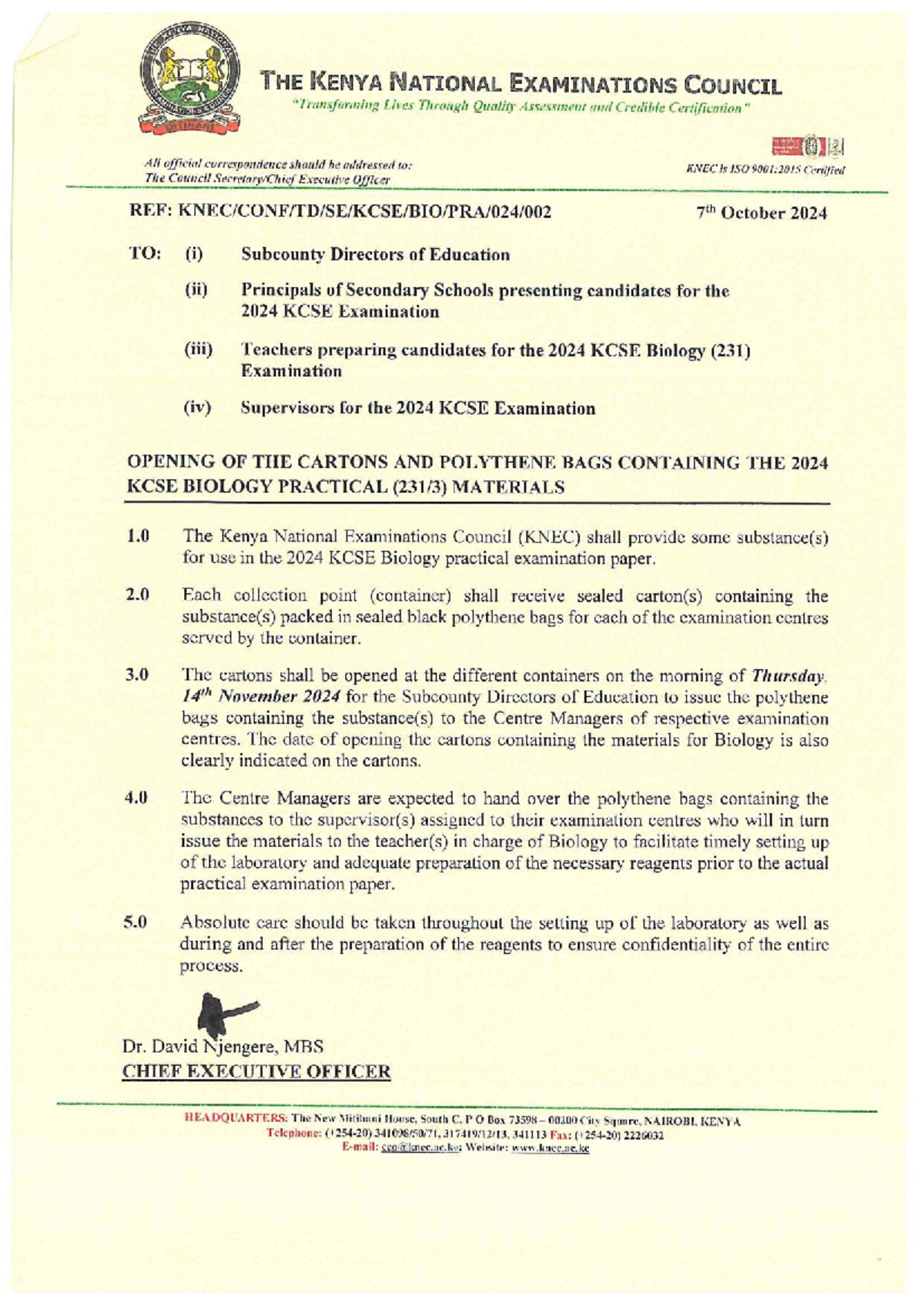 2024 KCSE Biology Practical Circular: Opening Instructions - Studocu