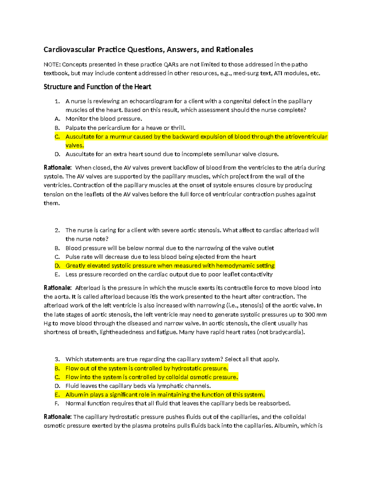 Cardiovascular Practice QARs: Questions, Answers, and Rationales - Studocu