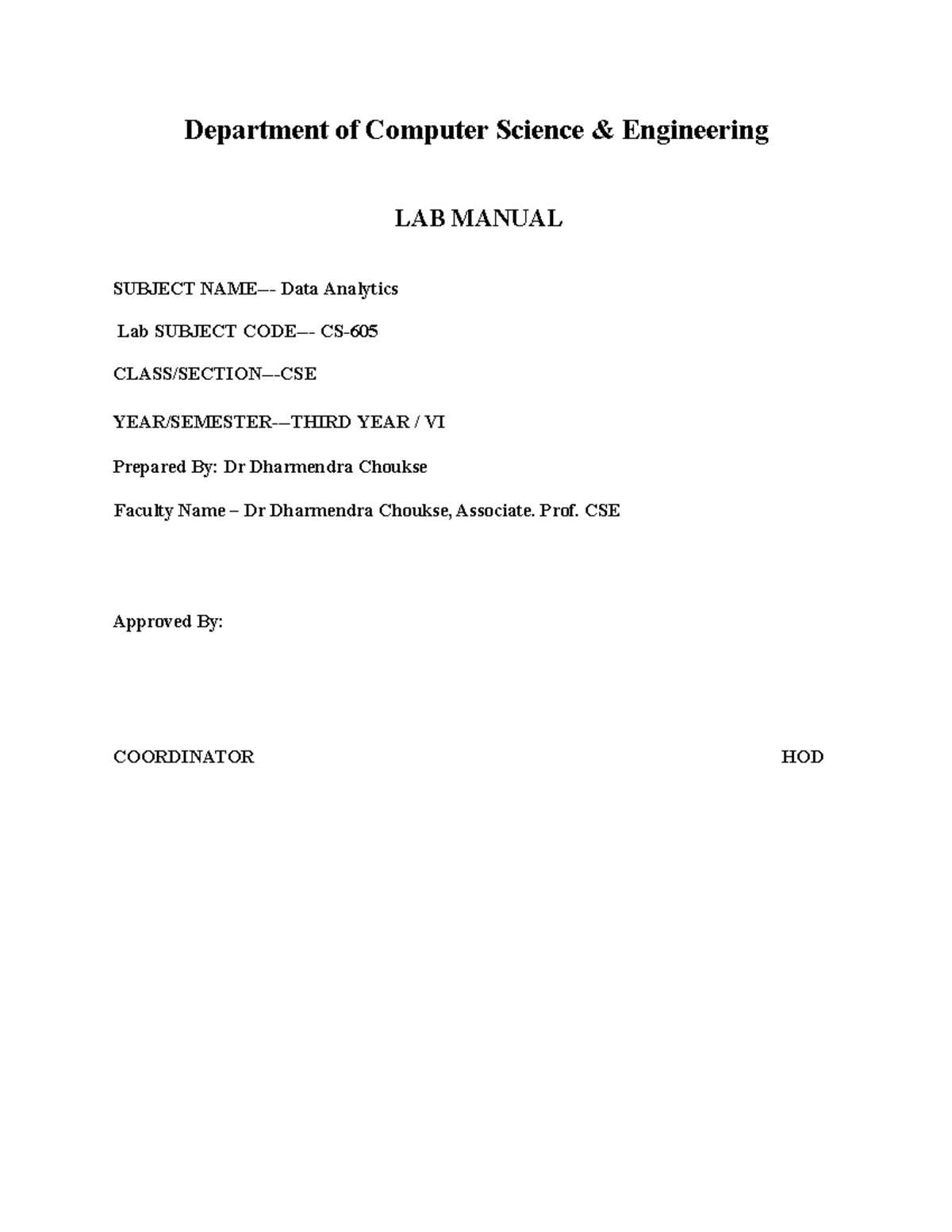 Data Analytics Lab Manual for CS 605 - Semester VI - Studocu