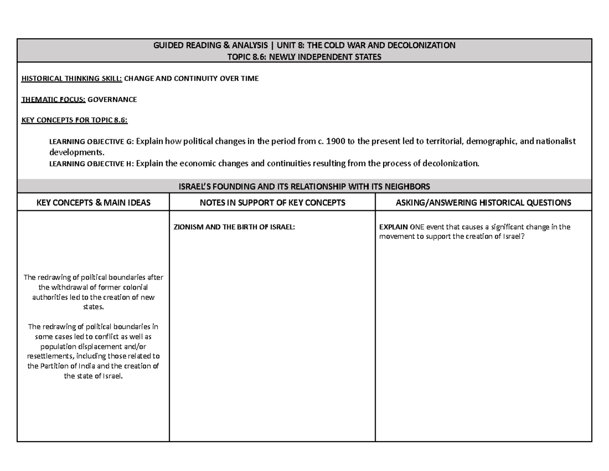 UNIT 8: Topic 8.6 - Guided Reading on Newly Independent States - Studocu