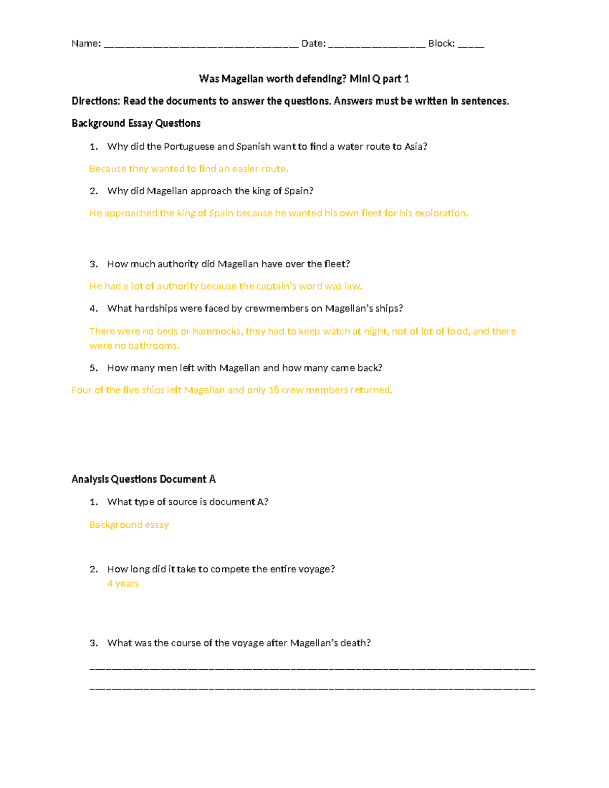 Magellan Questions Mini Q Part 1 Analysis (History 101) - Studocu