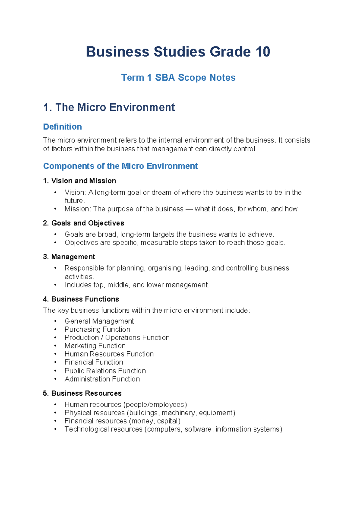 BS Grade 10 Term 1 SBA Scope: Micro & Market Environment Notes - Studocu
