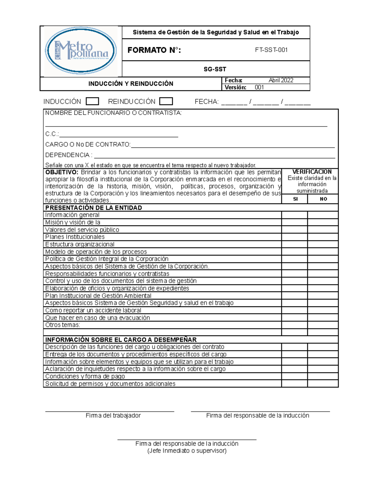 Formato DE Inducción AL Puesto DE Trabajo - Sistema de Gestión de la Seguridad y Salud en el ...