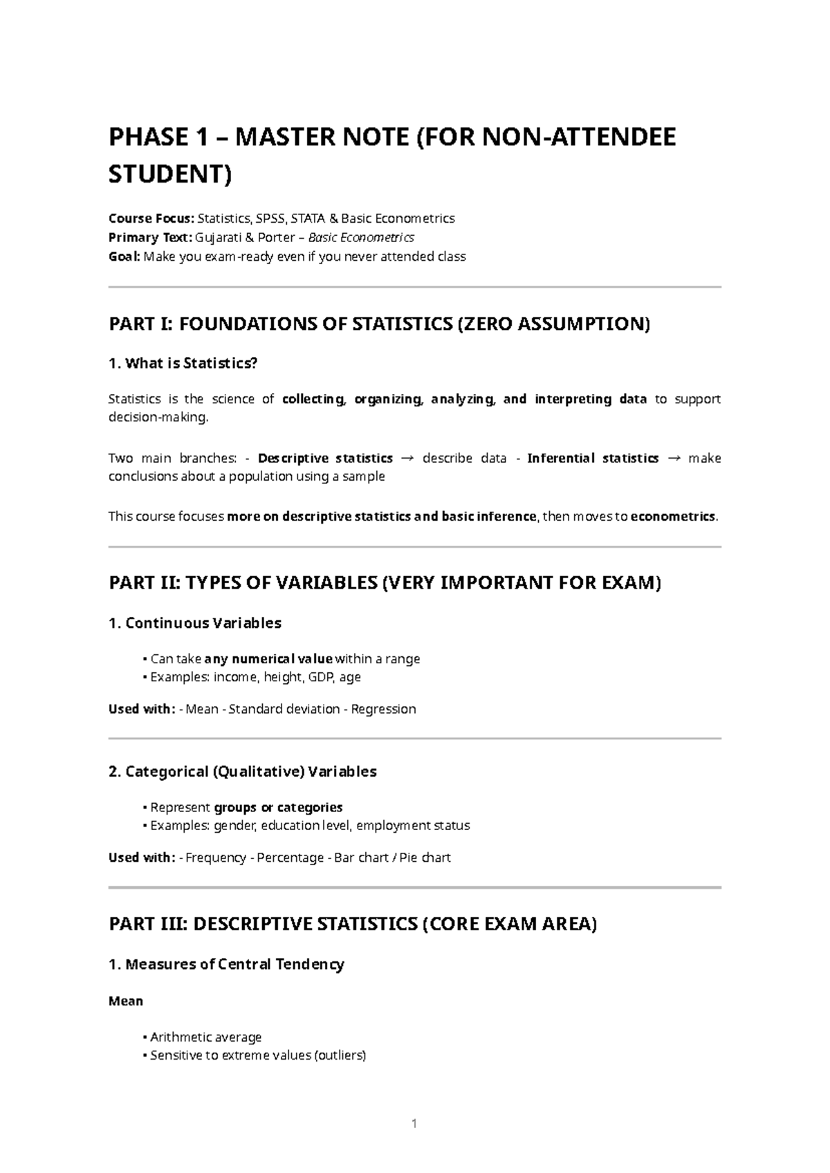 Phase 1 Master Notes: Statistics, SPSS, STATA & Econometrics (Exam Prep ...
