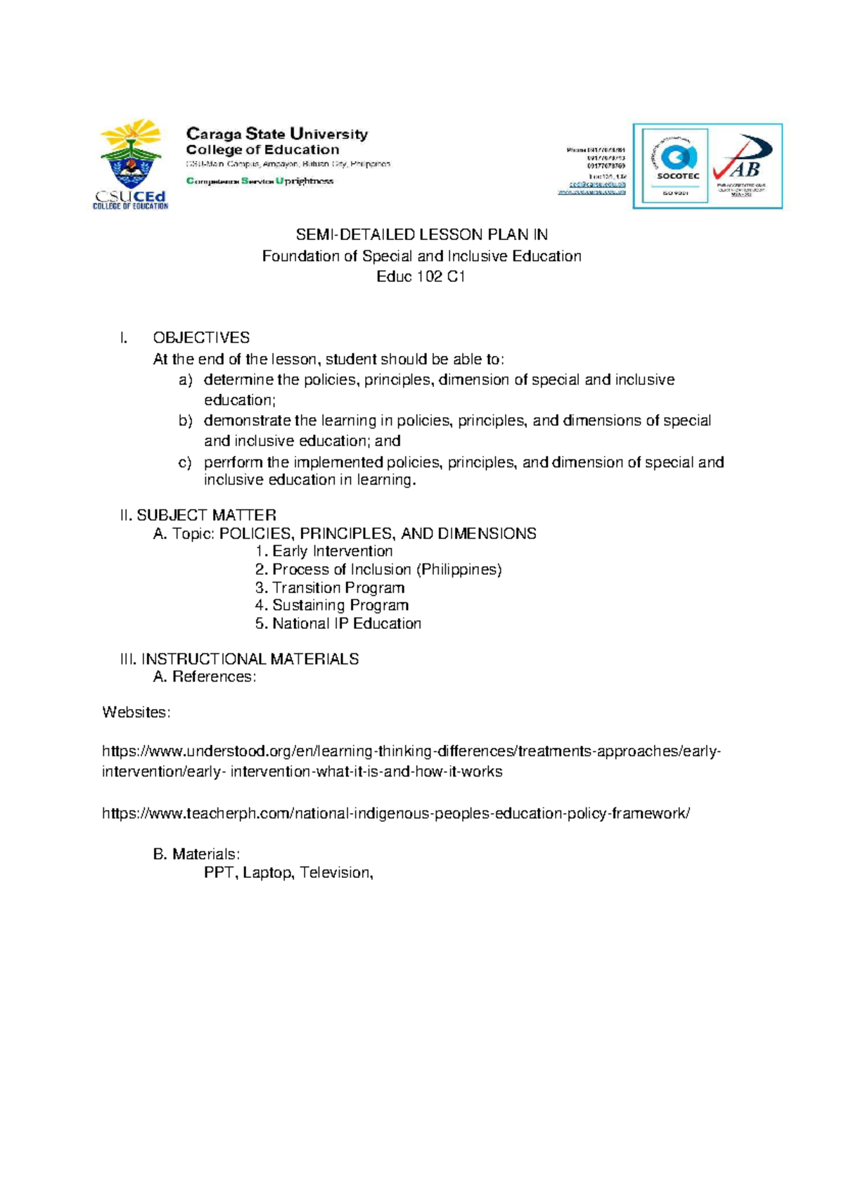 EDUC 102 Lesson Plan: Special & Inclusive Education Policies - Studocu