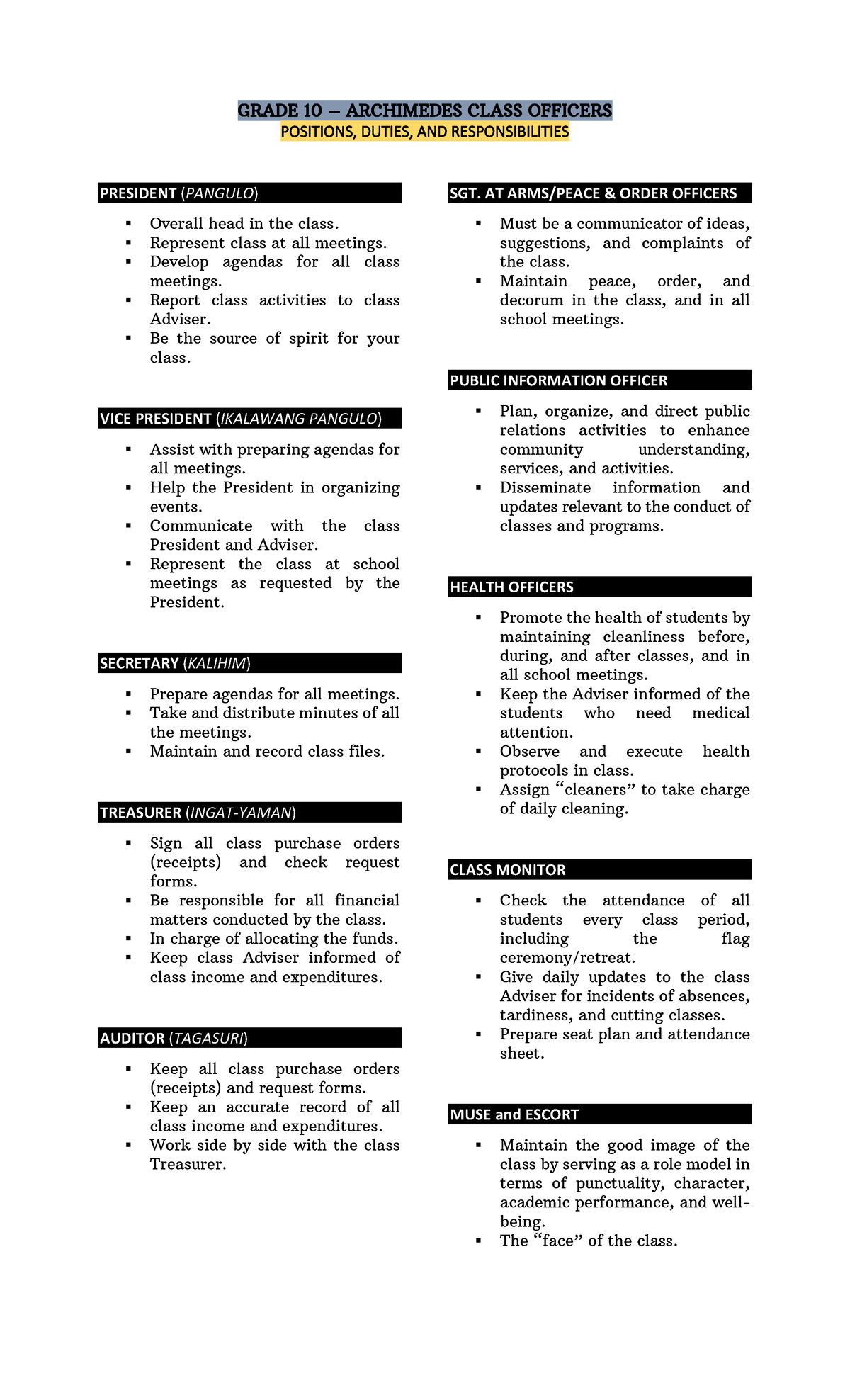 Positions, Duties, and Responsibilities of Grade 10 Officers - Studocu